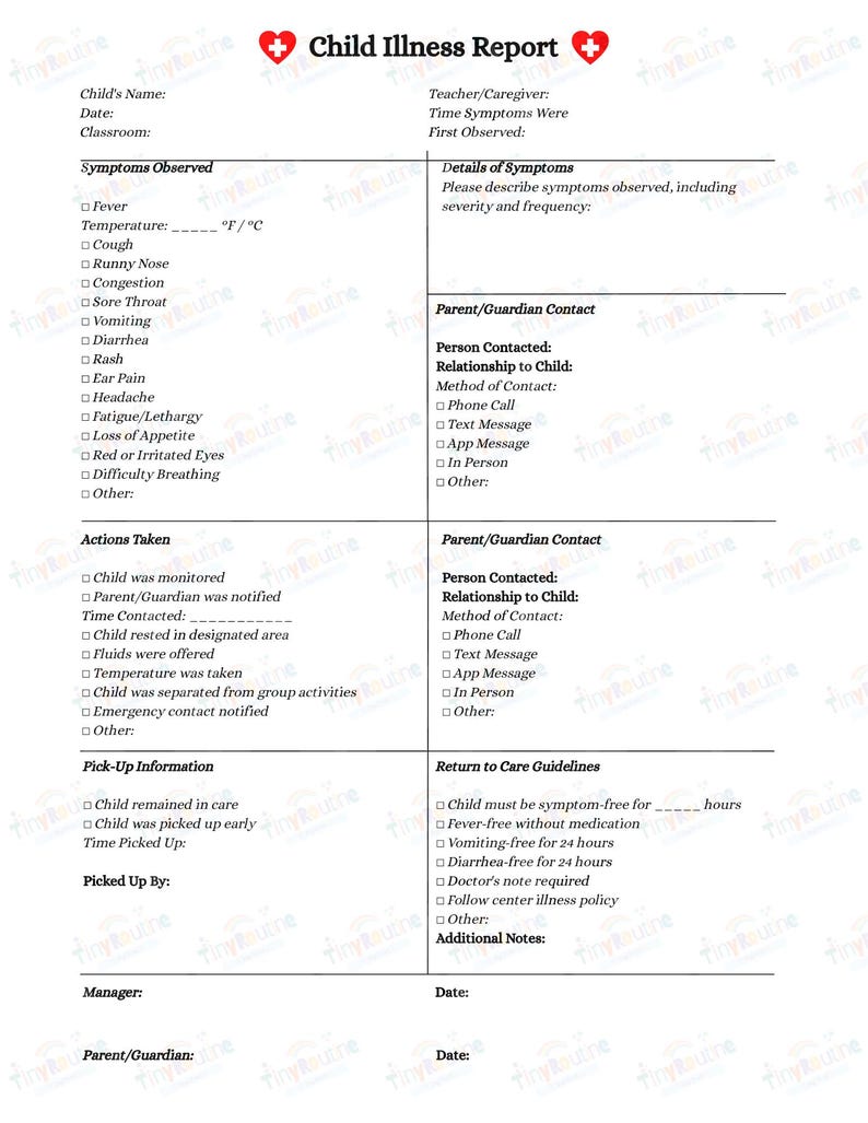 Child Illness Report Form Printable Daycare Sick Child Documentation ...