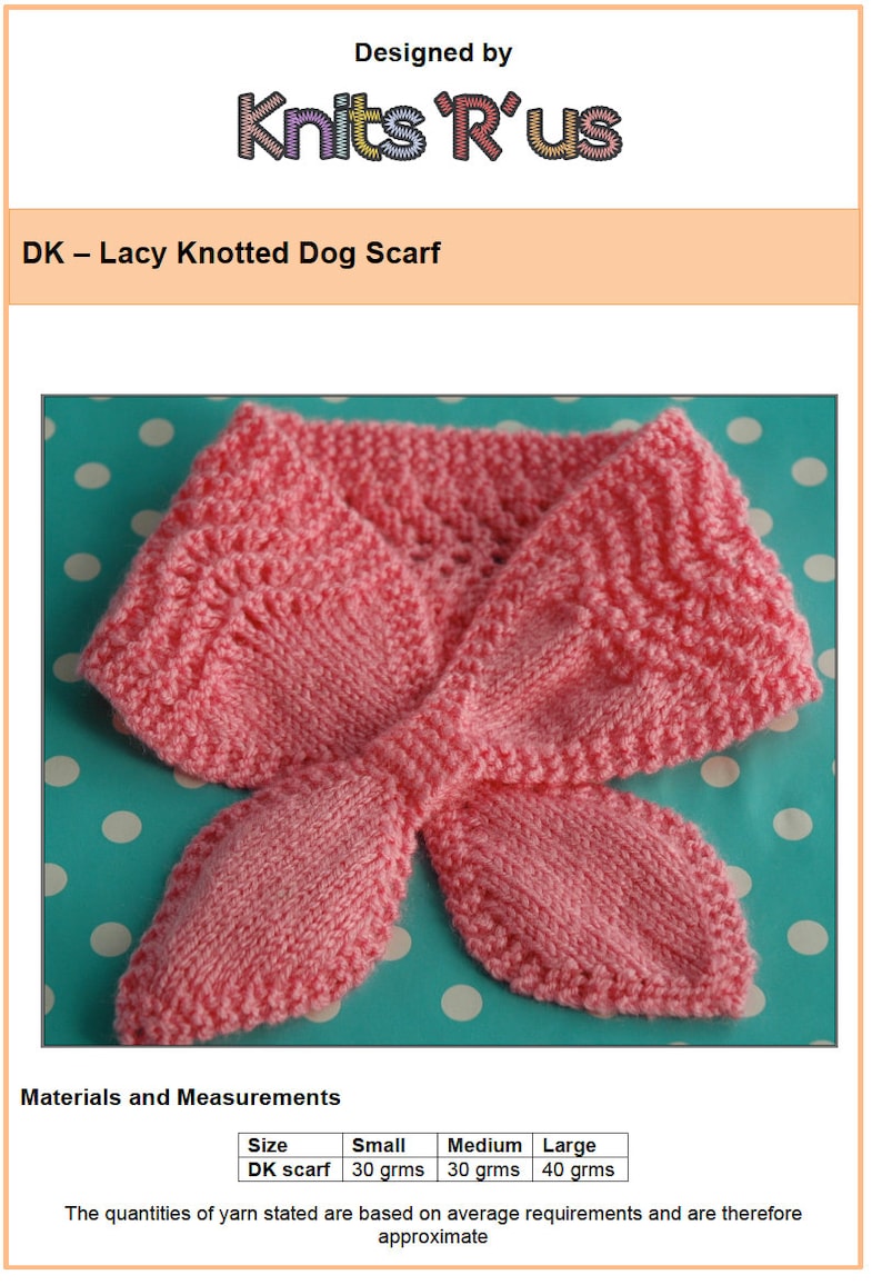 PDF Instant Digital Download Knitting Pattern DK Lacy Knotted Dog Scarf ...