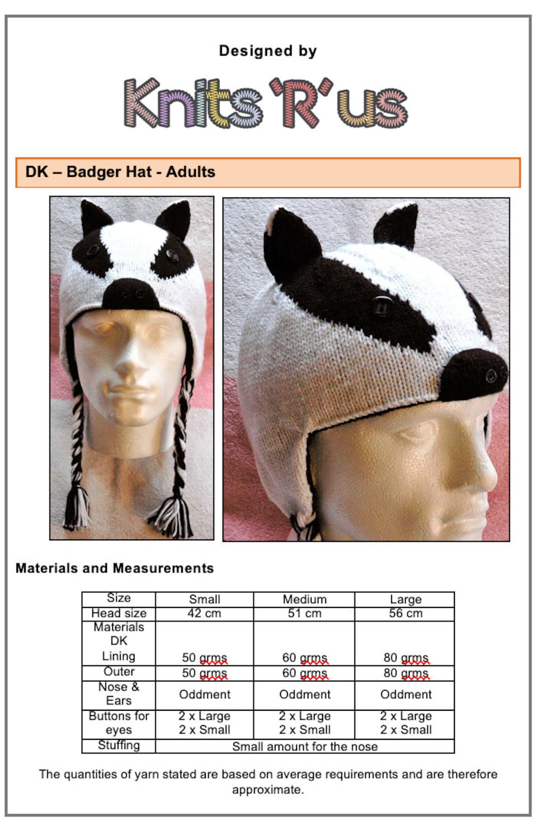 PDF Instant Digital Download Knitting Pattern - DK - Badger Hat Sizes ...