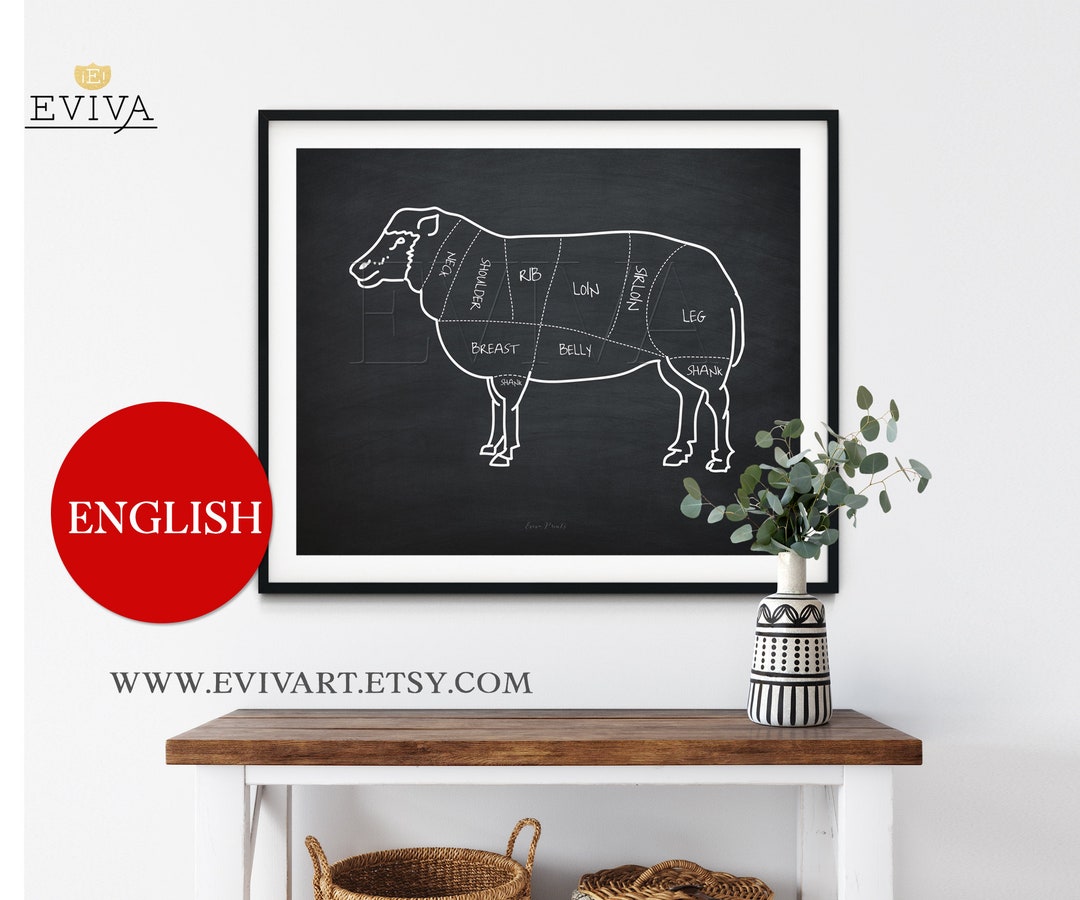 Poster Wall Art Sheep Cuts of Meat ENGLISH FRENCH or ITALIAN Butcher ...