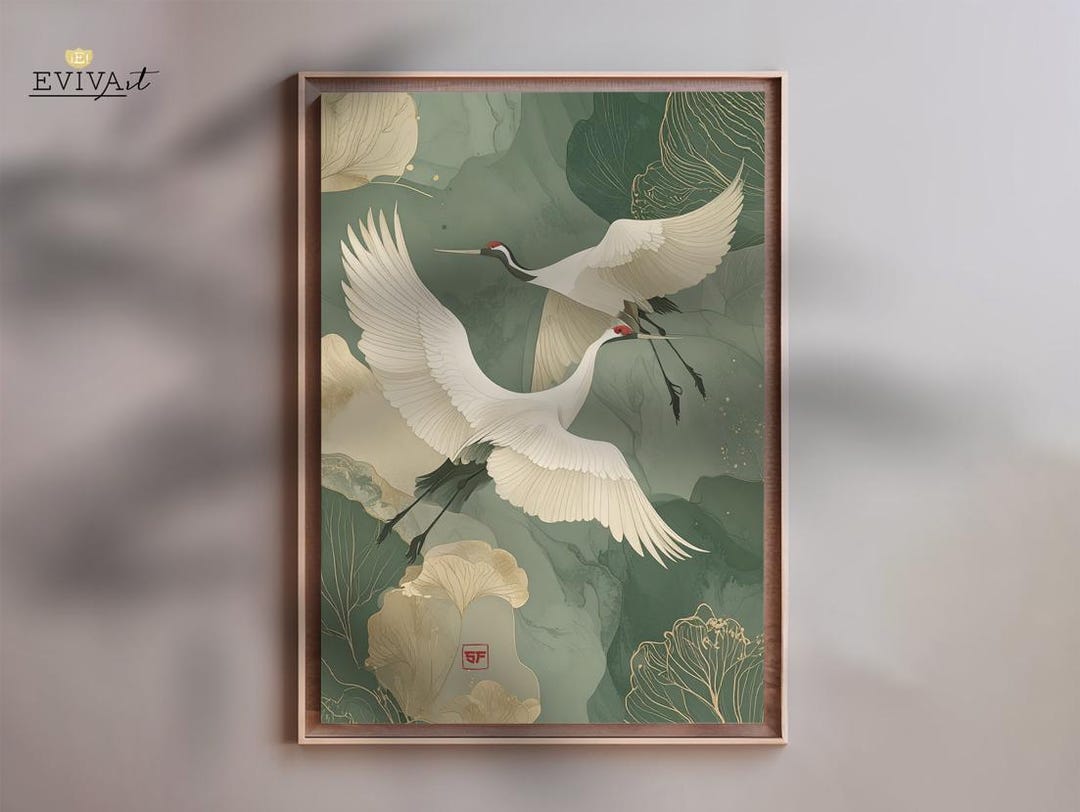 Flying Cranes Emerald Forest Floral Bird Wall Art Green Japandi Asian ...