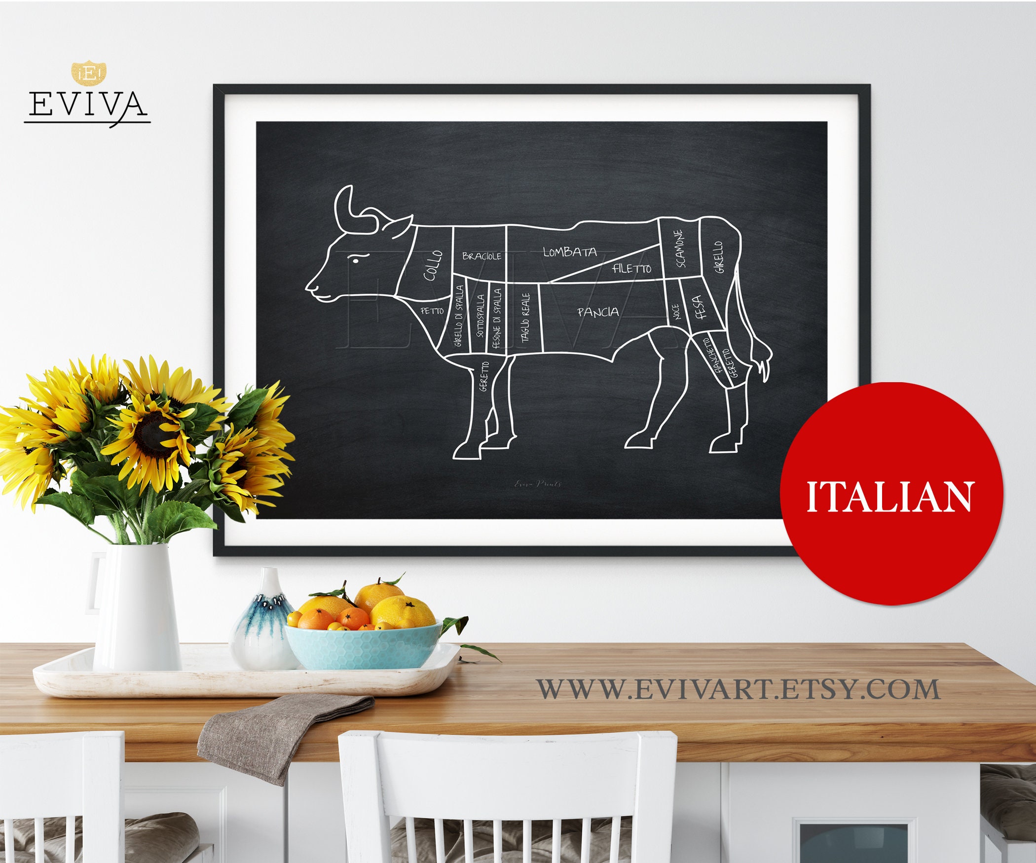 Poster Wall Art Beef Cuts of Meat ENGLISH FRENCH or ITALIAN Cattle ...