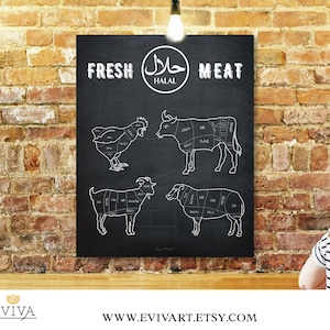 Poster Wall Art Halal Butcher Shop Sign Butcher Cuts Meat Cuts Kitchen ...