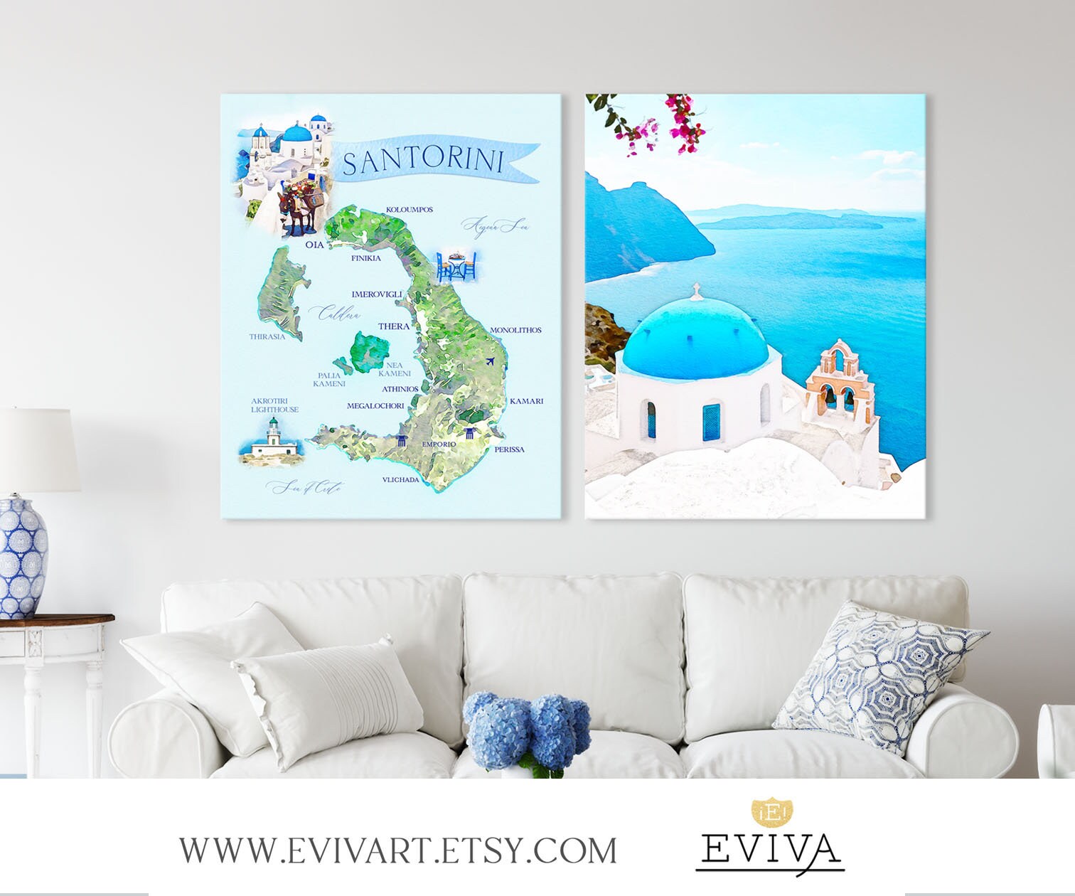 Poster Wall Art Santorini Greece Map Greek Watercolor Illustrated ...