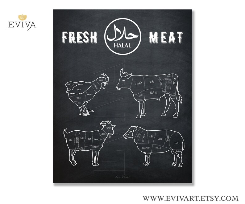 Poster Wall Art Halal Butcher Shop Sign Butcher Cuts Meat Cuts Kitchen ...