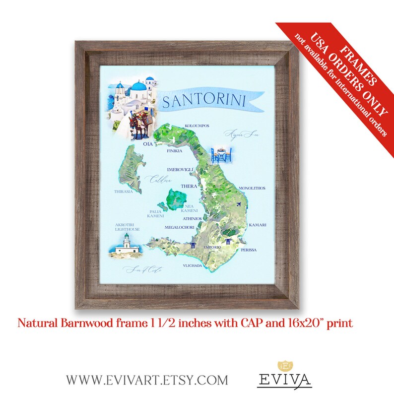 Poster Wall Art Santorini Greece Map Greek Watercolor Illustrated ...