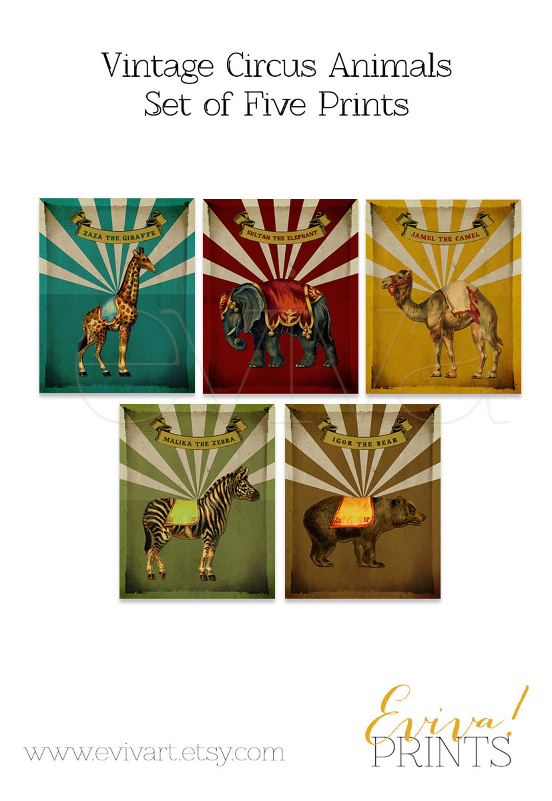 Poster Wall Art Vintage Circus Animals Set of Five Prints - Nursery ...