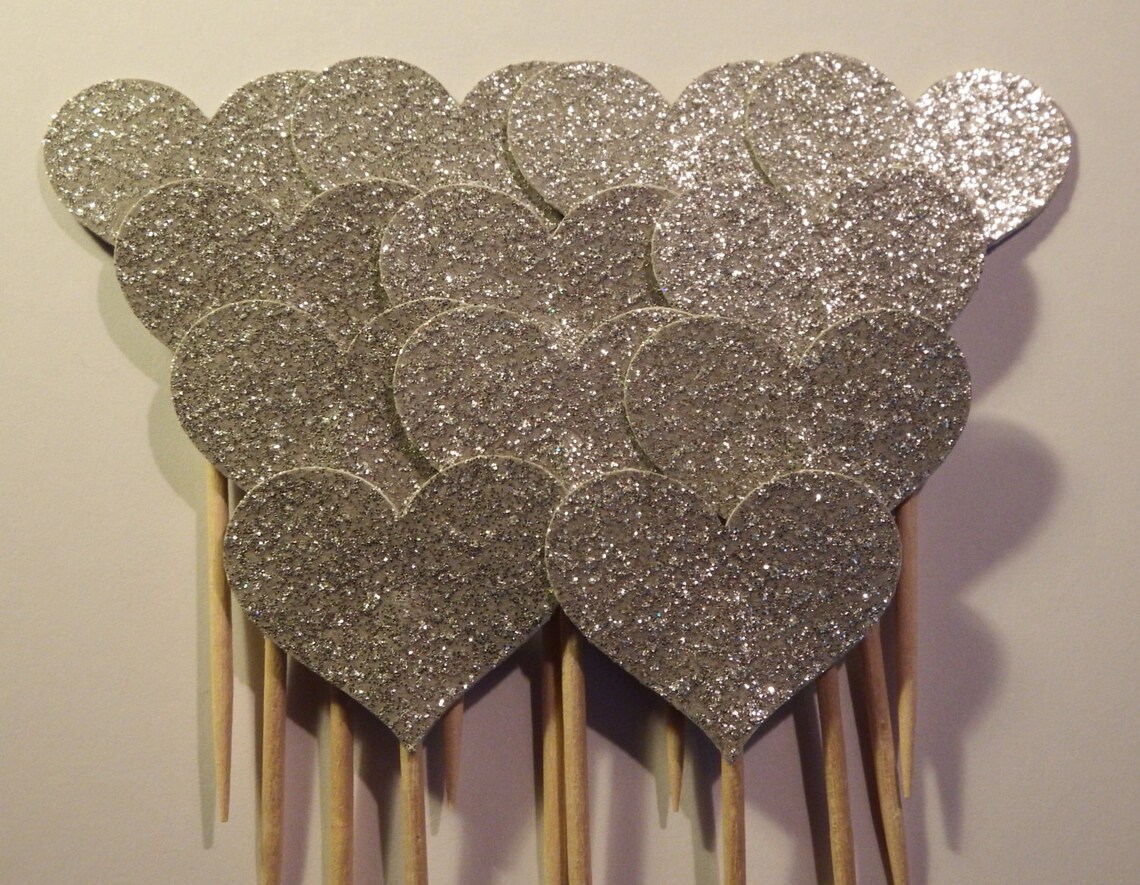 Silver Glitter Heart Cupcake Toppers: Wedding, Anniversary, Shower - Etsy