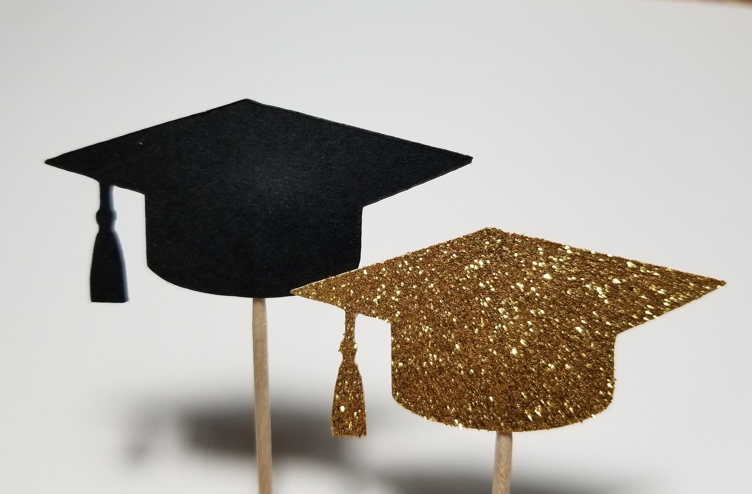 Graduation Cap Cupcake Toppers: Black & Gold Glitter Party Picks - Etsy