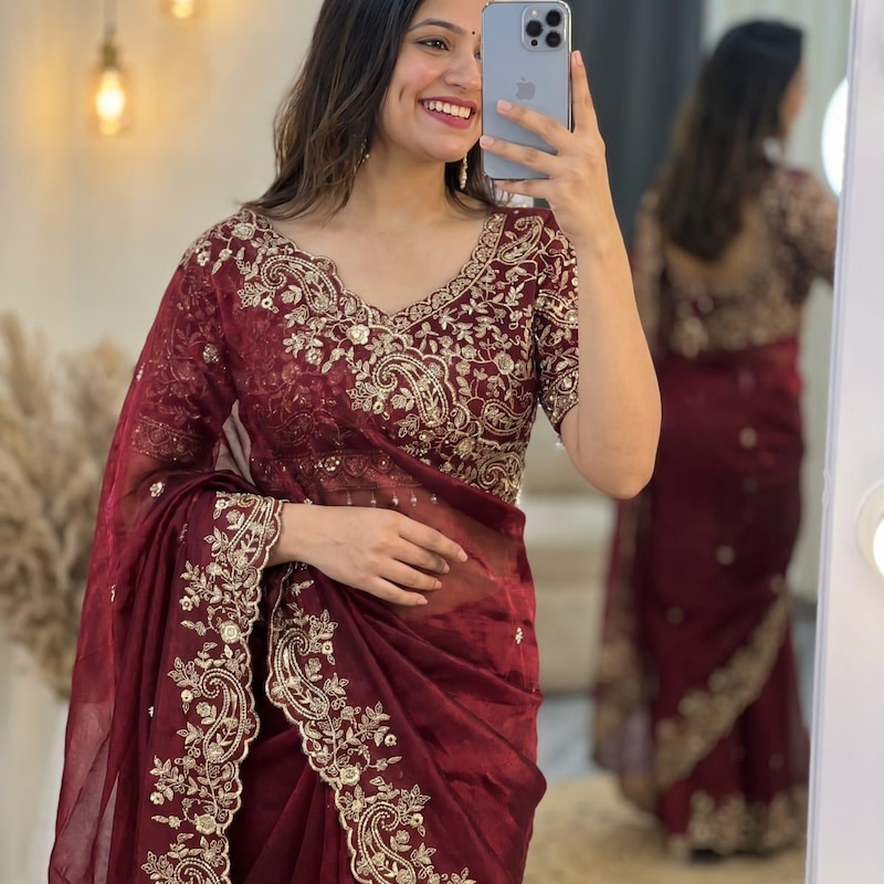 Sarees Maroon and Gold - Etsy