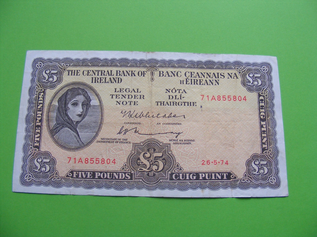 1974 Irish Five Pound Banknote Irish Lady Lavery Old 5 Note Paper Money ...