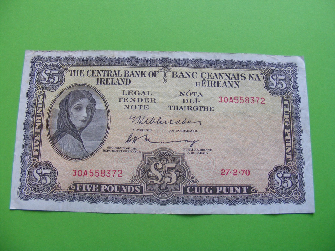 1970 Irish Five Pound Banknote Irish Lady Lavery Old 5 Note Paper Money ...
