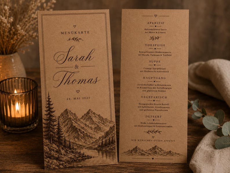 Laser-engraved Wedding Menu Card on Kraft Paper, DIN Long Personalized ...
