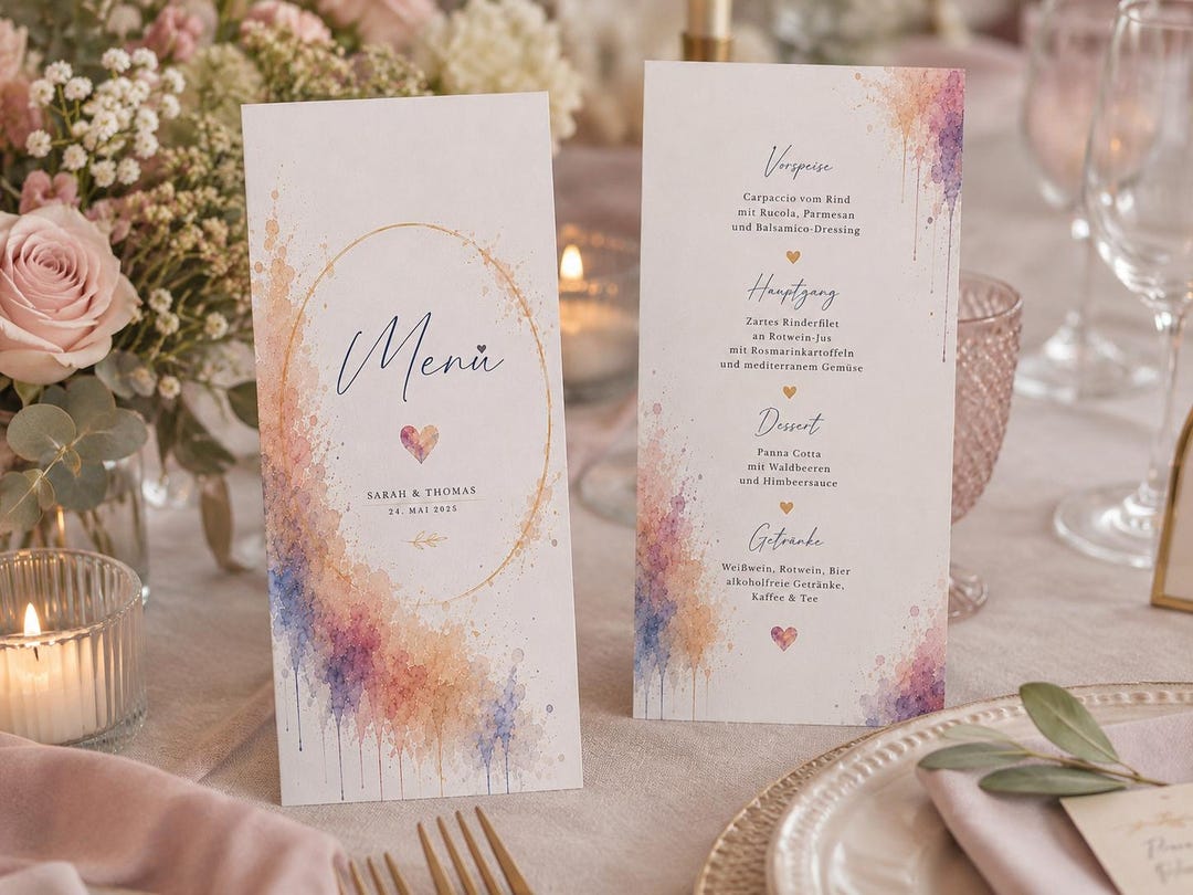 Personalized Wedding Menu Card in Watercolor, DL Wedding Menu Card ...