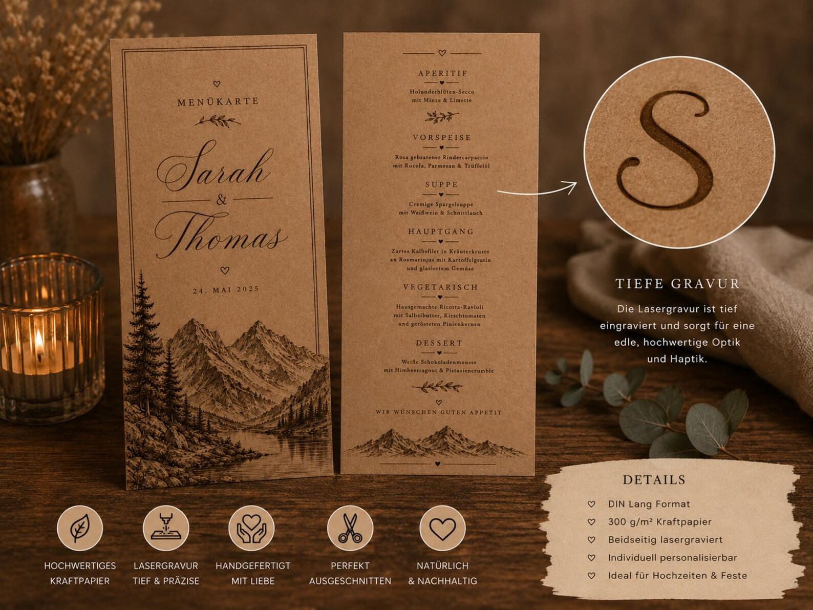 Laser-engraved Wedding Menu Card on Kraft Paper, DIN Long Personalized ...