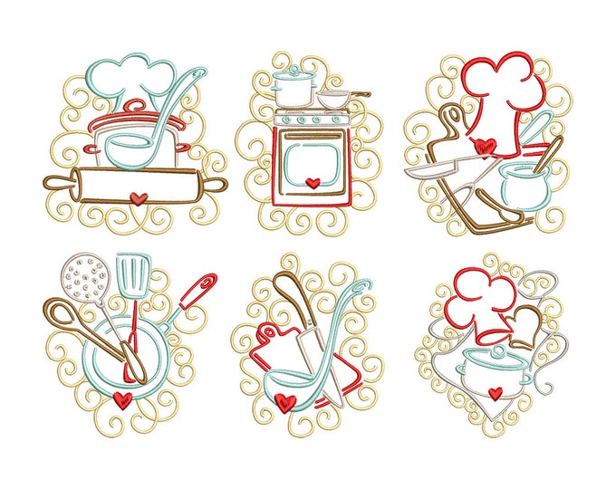 Kitchen Scrolls Embroidery Design Set Instant Download | Etsy