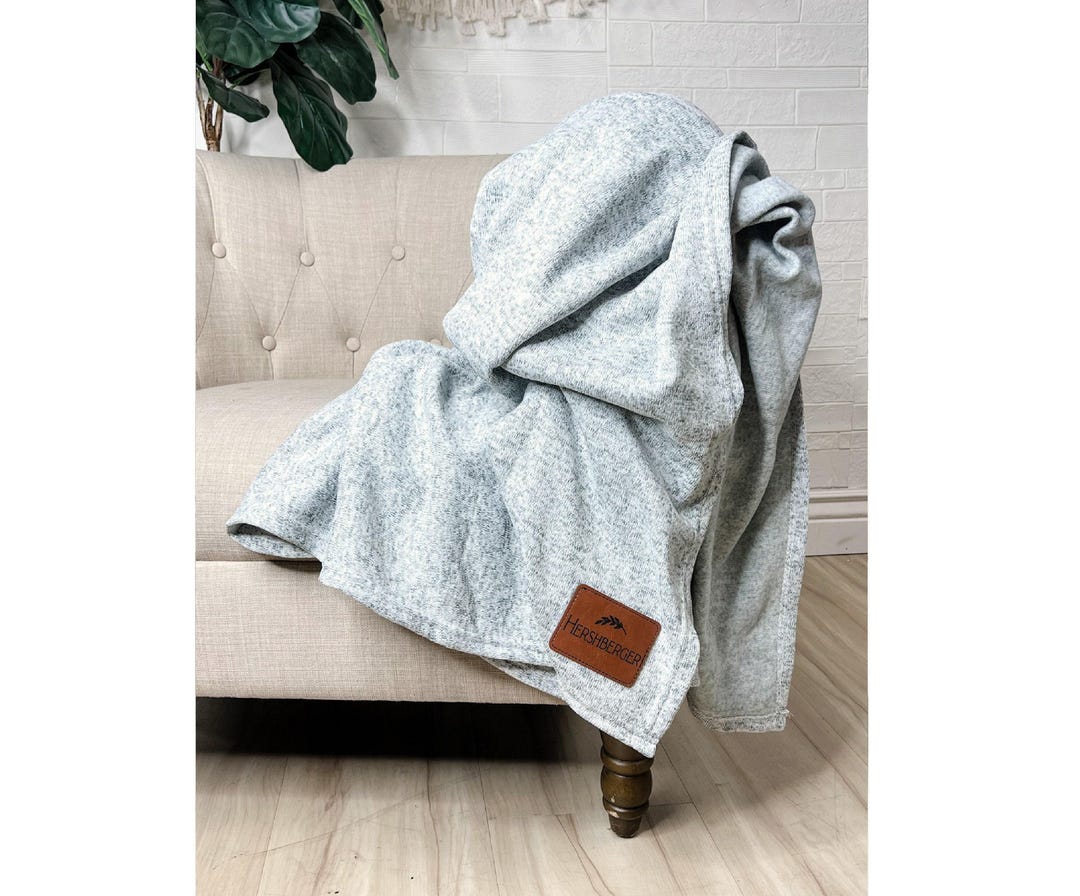 Personalized Sweater Fleece Blanket: Engraved Leather Patch, Cozy Throw ...