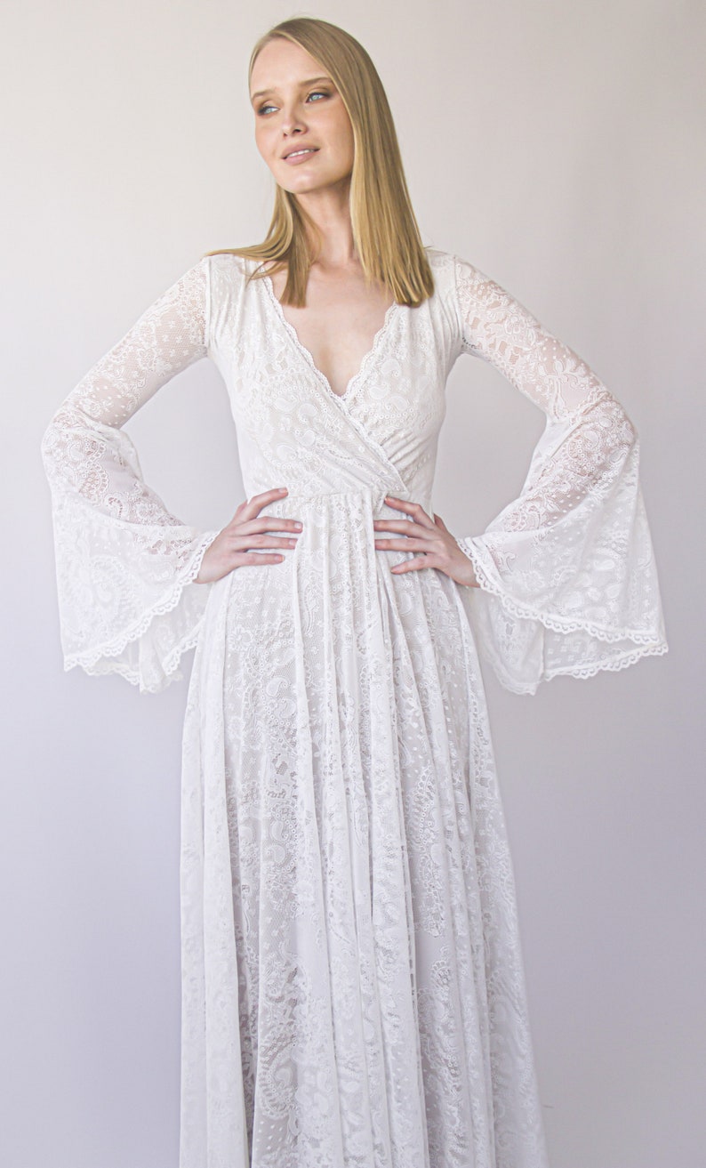 Vintage Ivory Wrap Lace Dress Long Bell Sleeves Bohemian - Etsy