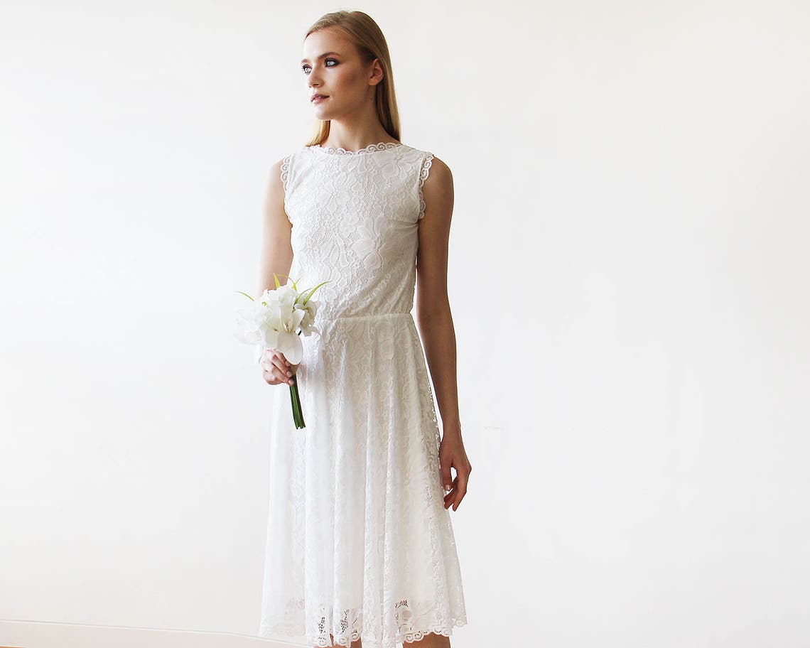 Short Wedding Dress Open Back Lace Midi Sleeveless Ivory - Etsy