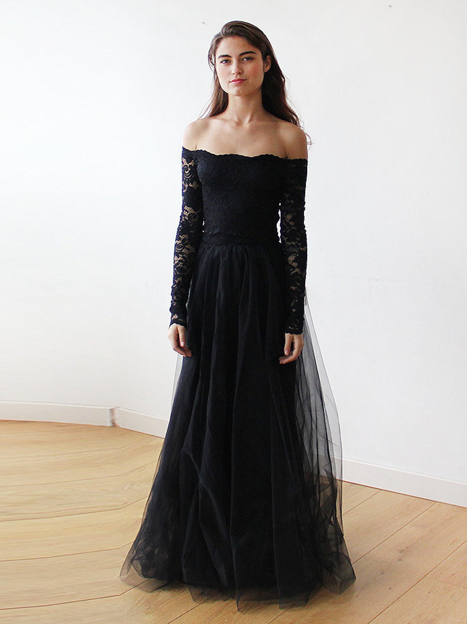 Black Off-the-shoulder Lace and Tulle Gown Black Lace Maxi - Etsy