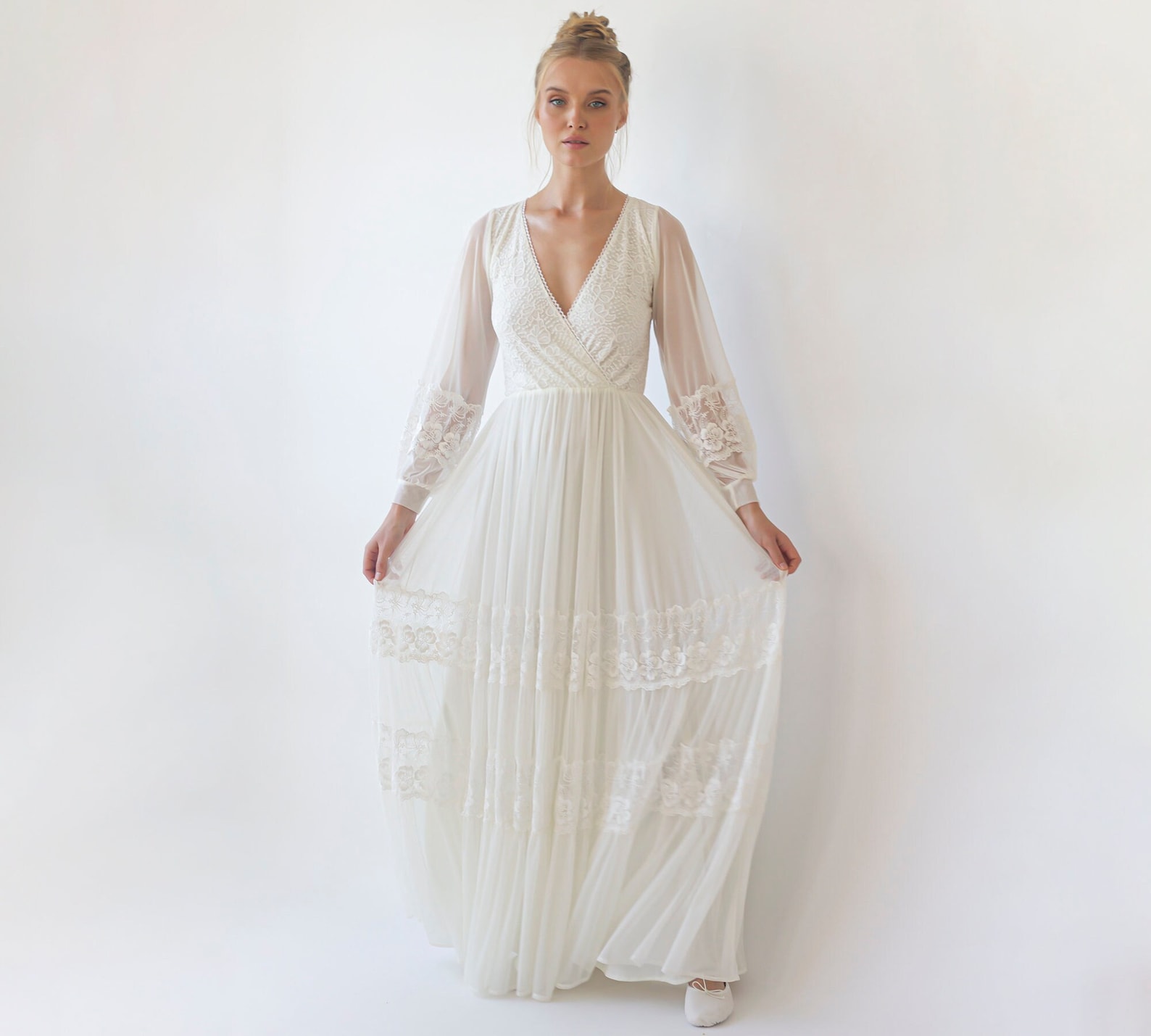 Bestseller Ivory Wrap Lace Wedding Dress With Chiffon Mesh - Etsy