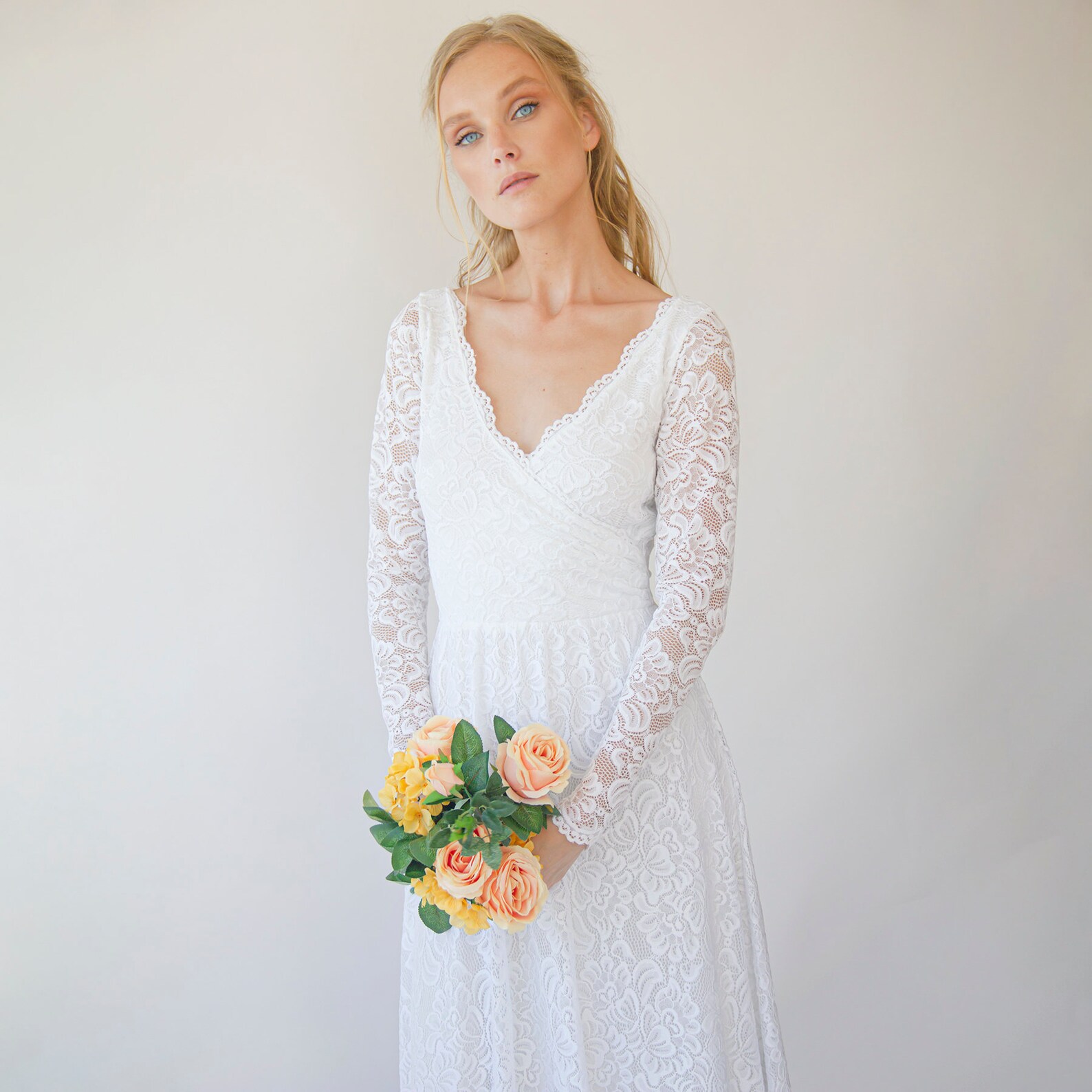 Ivory Wrap Lace Wedding Dress With Long Sleeves 1287 - Etsy