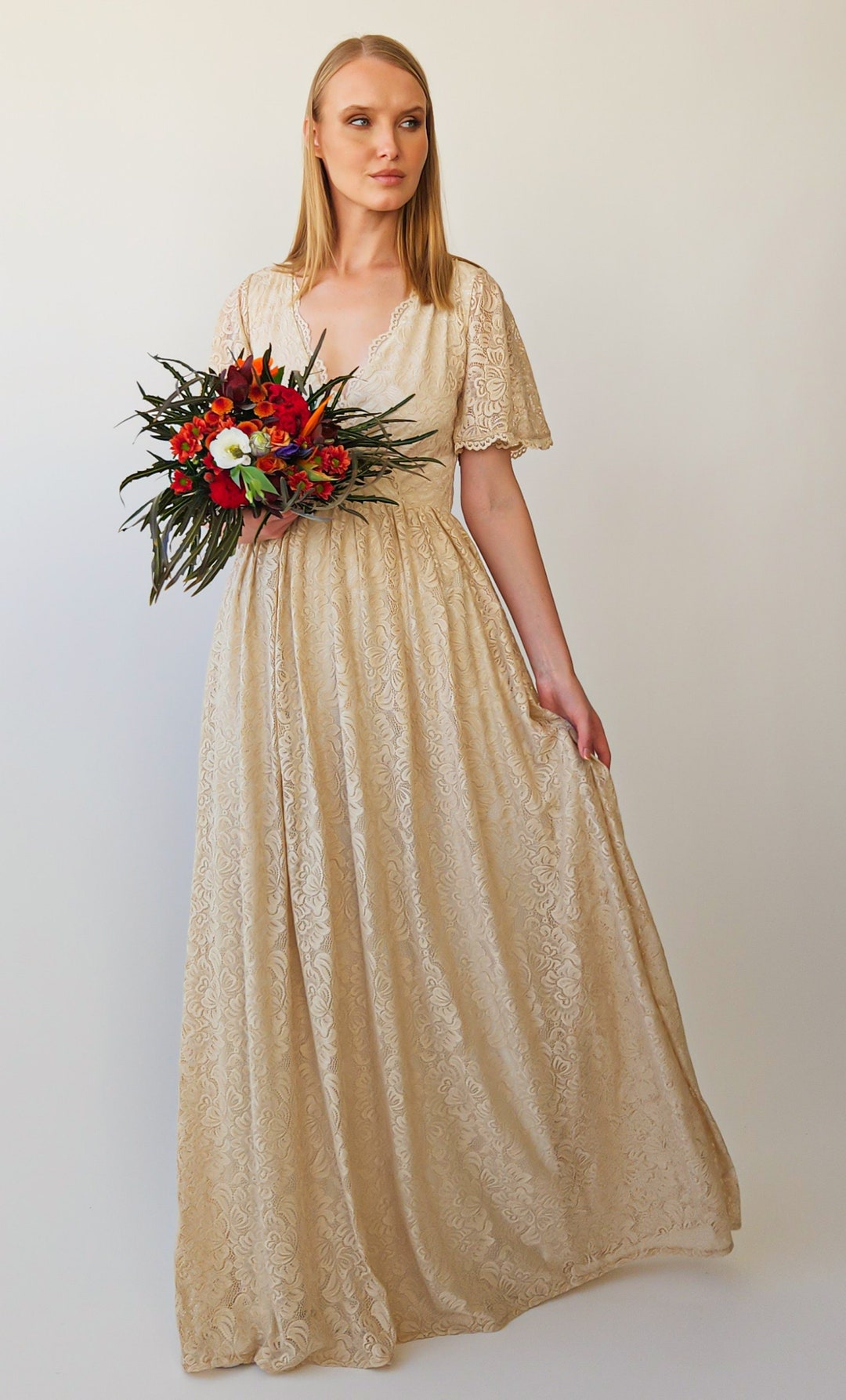 Delicate Champagne V Neckline Wrap Lace Bohemian Dress, Short Cape ...