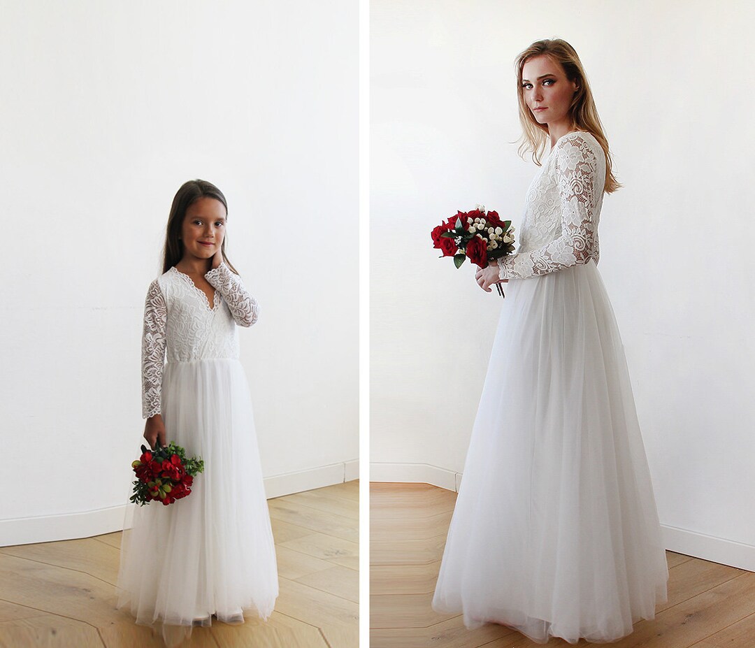 Mini Me Collection Ivory Tulle and Lace Long Sleeves Gown, Tulle and ...