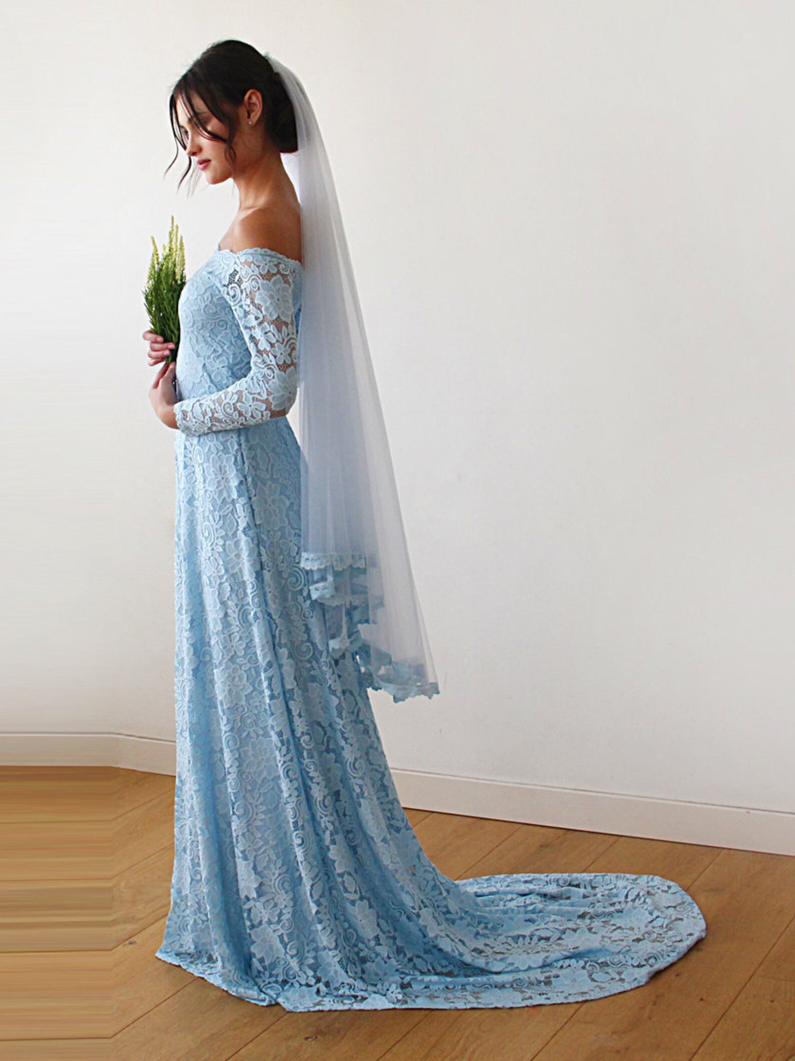 Light Blue Off-the-shoulder Dress With Train, Pastel Wedding Dress ...