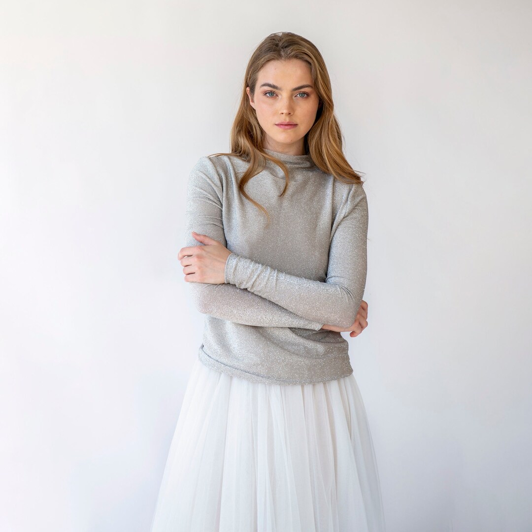 Long Sleeves Silver Shimmering Top, Party Sparkling Blouse #2065 - Etsy