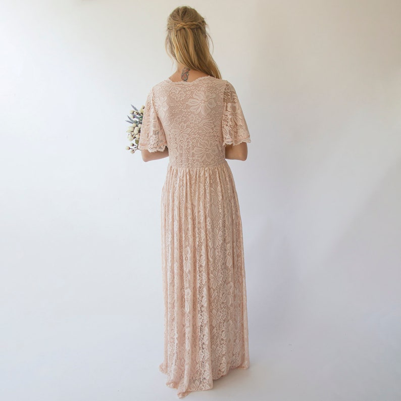 Blush Wrap Lace Bohemian Wedding Dress, Butterfly Sleeves With Pockets ...