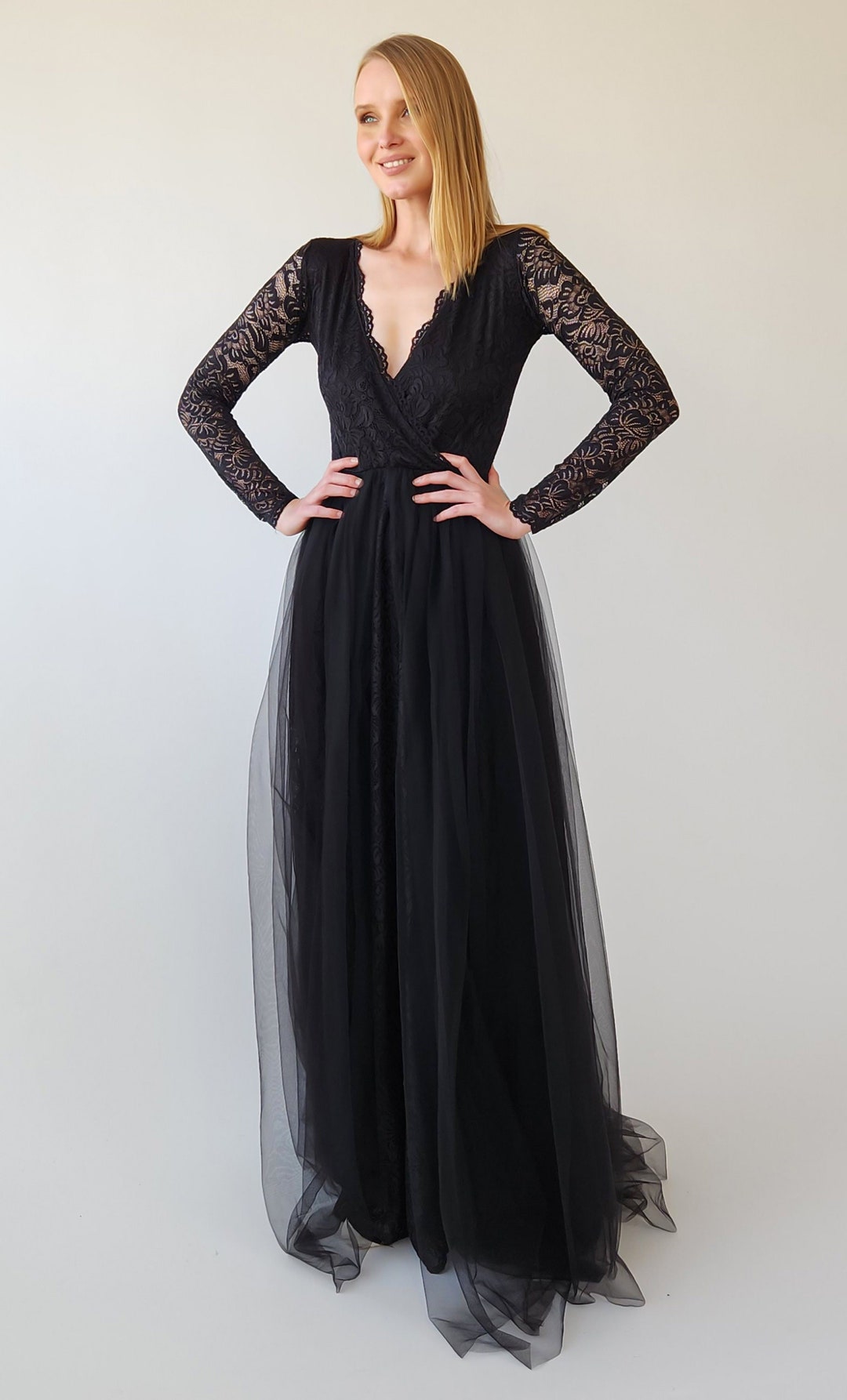 Black Tulle and Lace Dress, Wrap V Neckline Long Sleeves Formal Dress ...