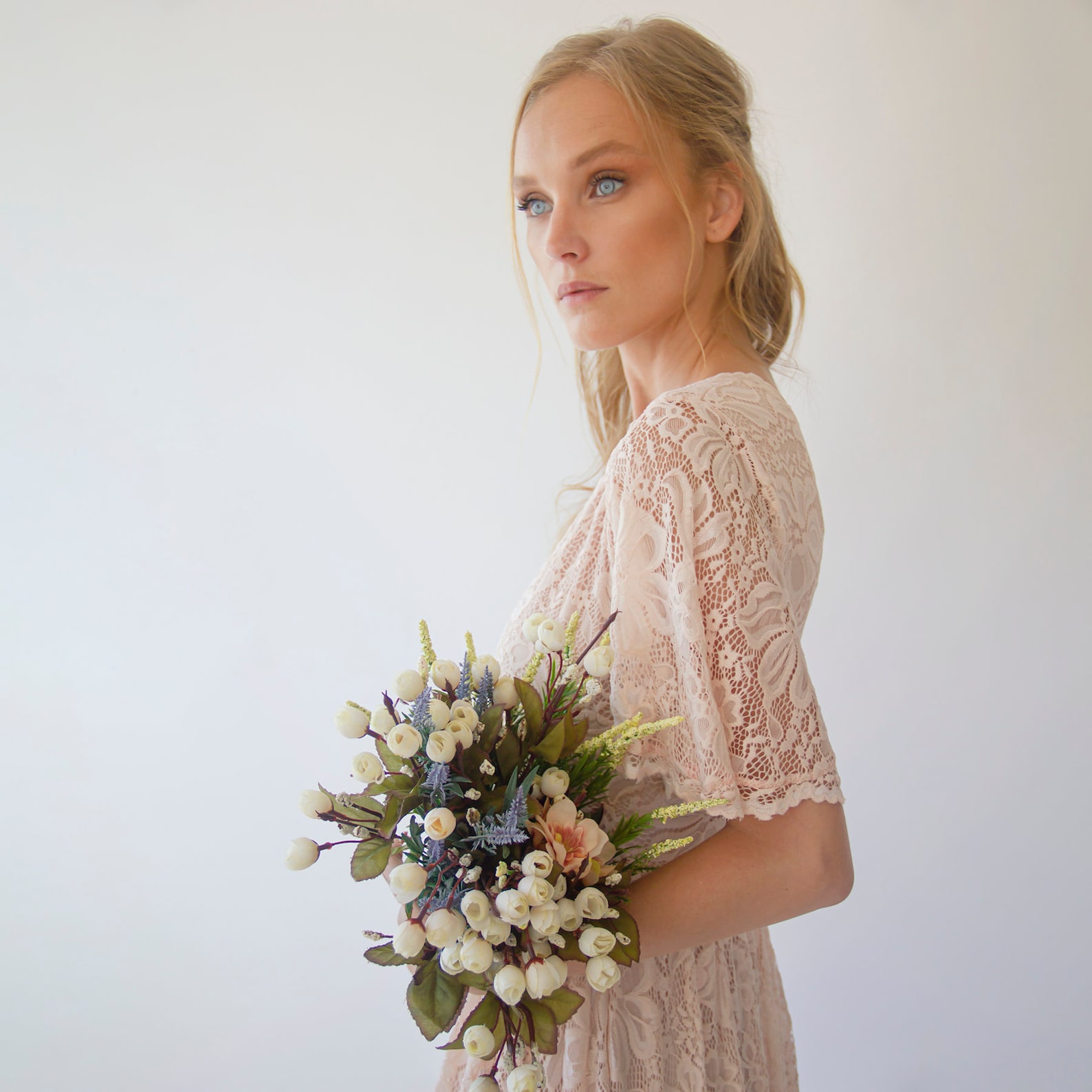 Blush Wrap Lace Bohemian Wedding Dress Butterfly Sleeves With - Etsy