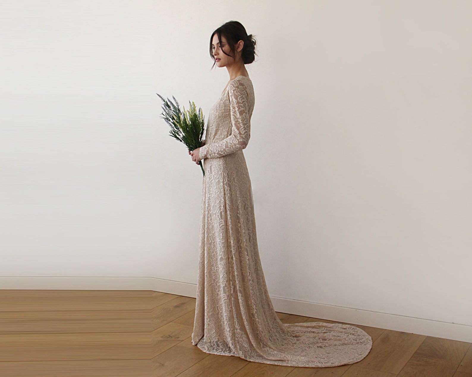 Ivory Wrap Floral Lace Long Sleeve Gown With a Train 1151 - Etsy