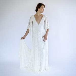 Bohemian Lace Bell Sleeve Wedding Dress | Deep V-neck Bridal Gown ...