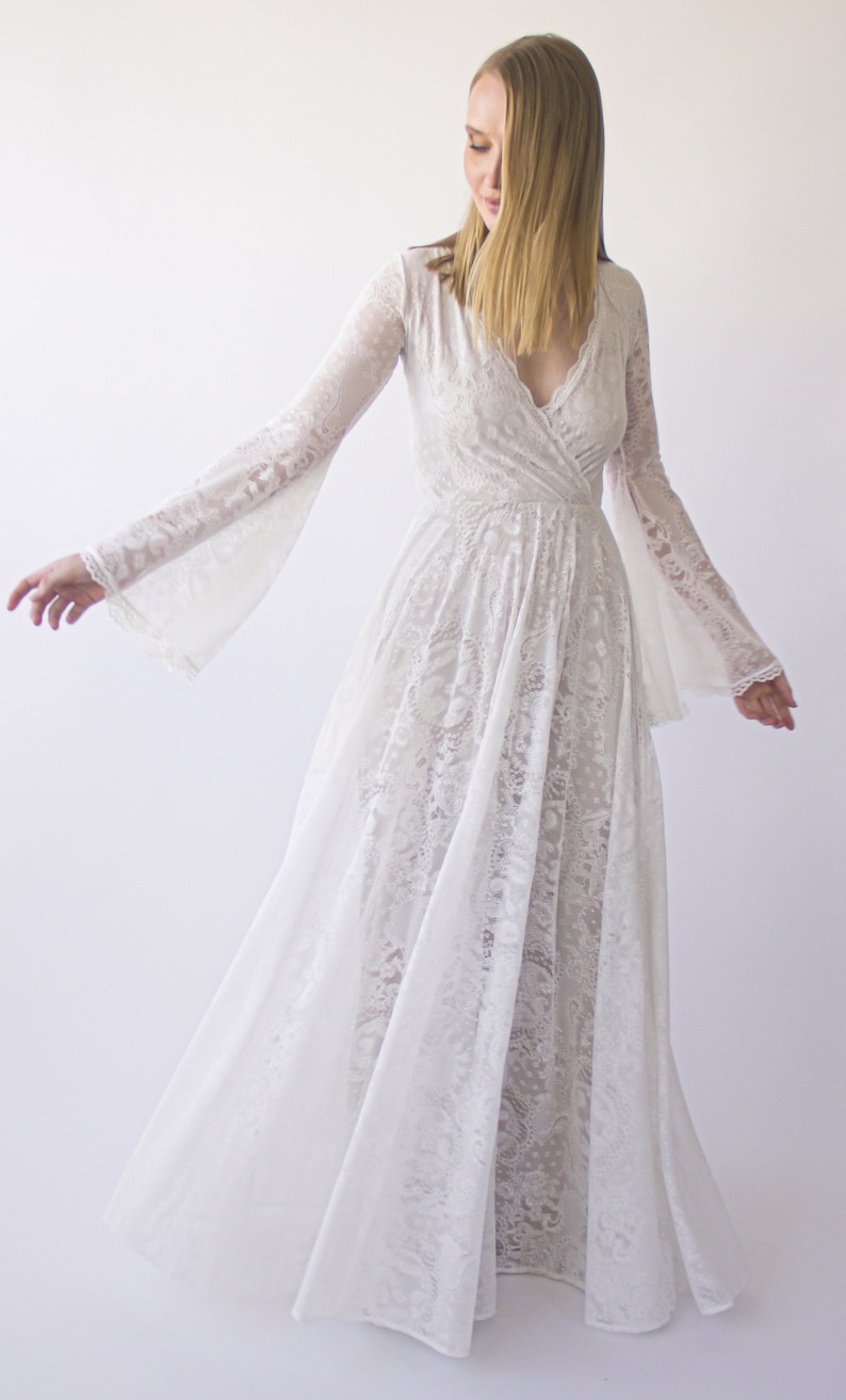 Vintage Ivory Wrap Lace Dress Long Bell Sleeves Bohemian - Etsy