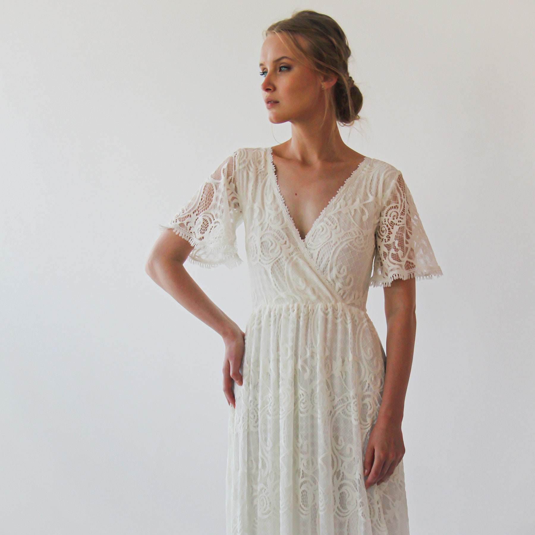 Bestseller Ivory Wrap Lace Bohemian Wedding Dress With Pockets - Etsy
