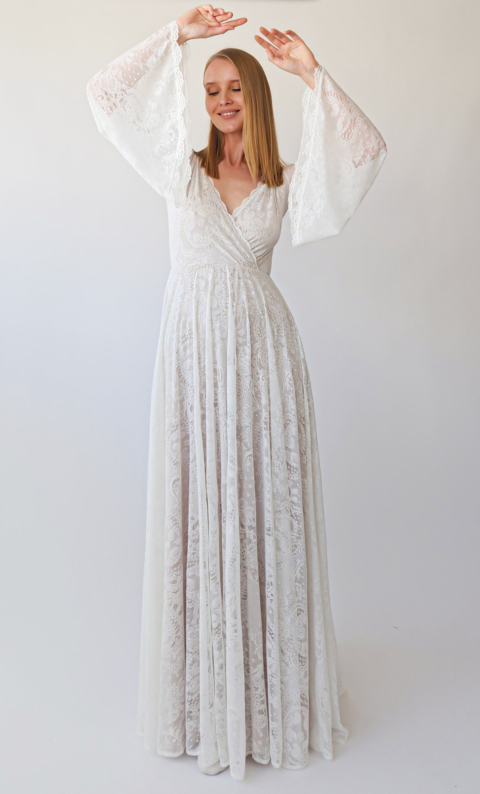 Vintage Ivory Wrap Lace Dress Long Bell Sleeves Bohemian - Etsy