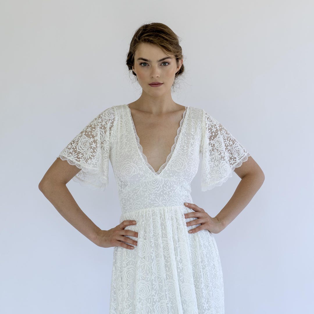 Butterfly Sleeves Ivory Bohemian Empire Dress With Deep V-back | Boho ...