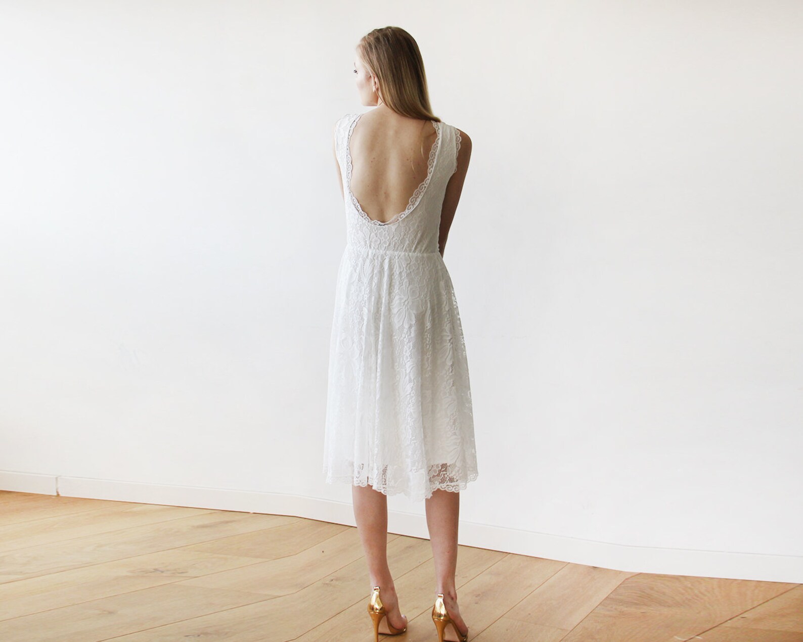 Short Wedding Dress Open Back Lace Midi Sleeveless Ivory - Etsy