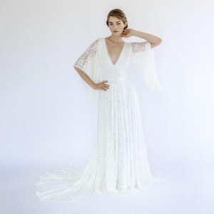 Bohemian Lace Bell Sleeve Wedding Dress | Deep V-neck Bridal Gown ...