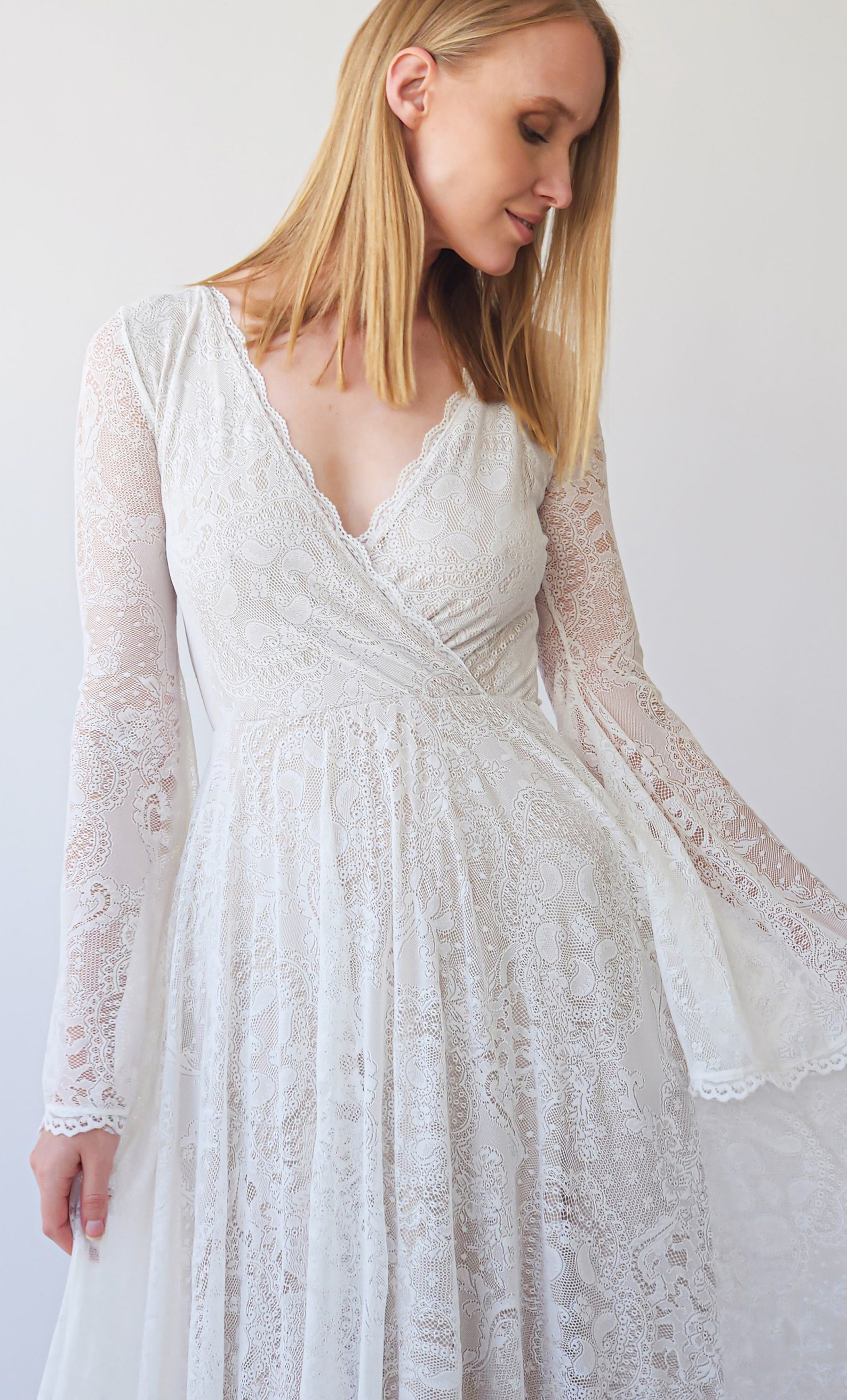 Vintage Ivory Wrap Lace Dress Long Bell Sleeves Bohemian - Etsy