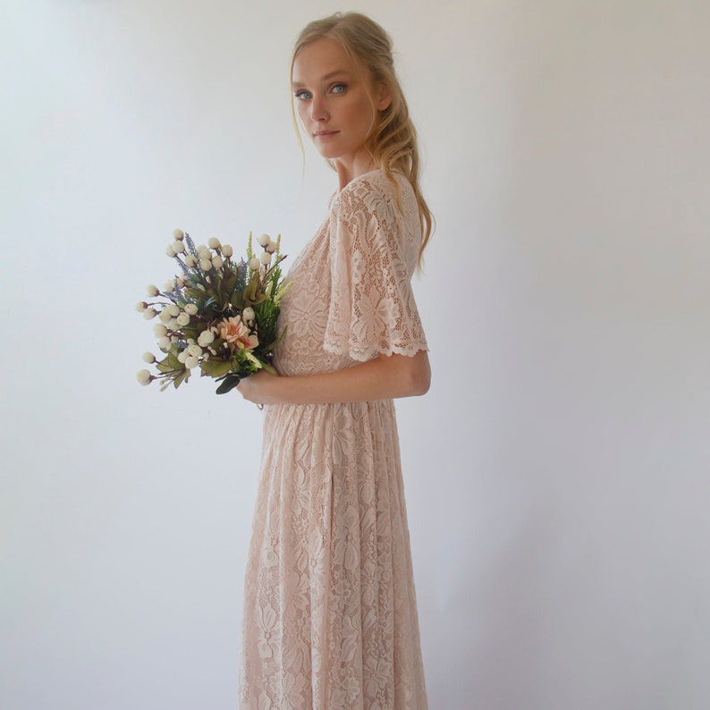 Blush Wrap Lace Bohemian Wedding Dress Butterfly Sleeves With - Etsy