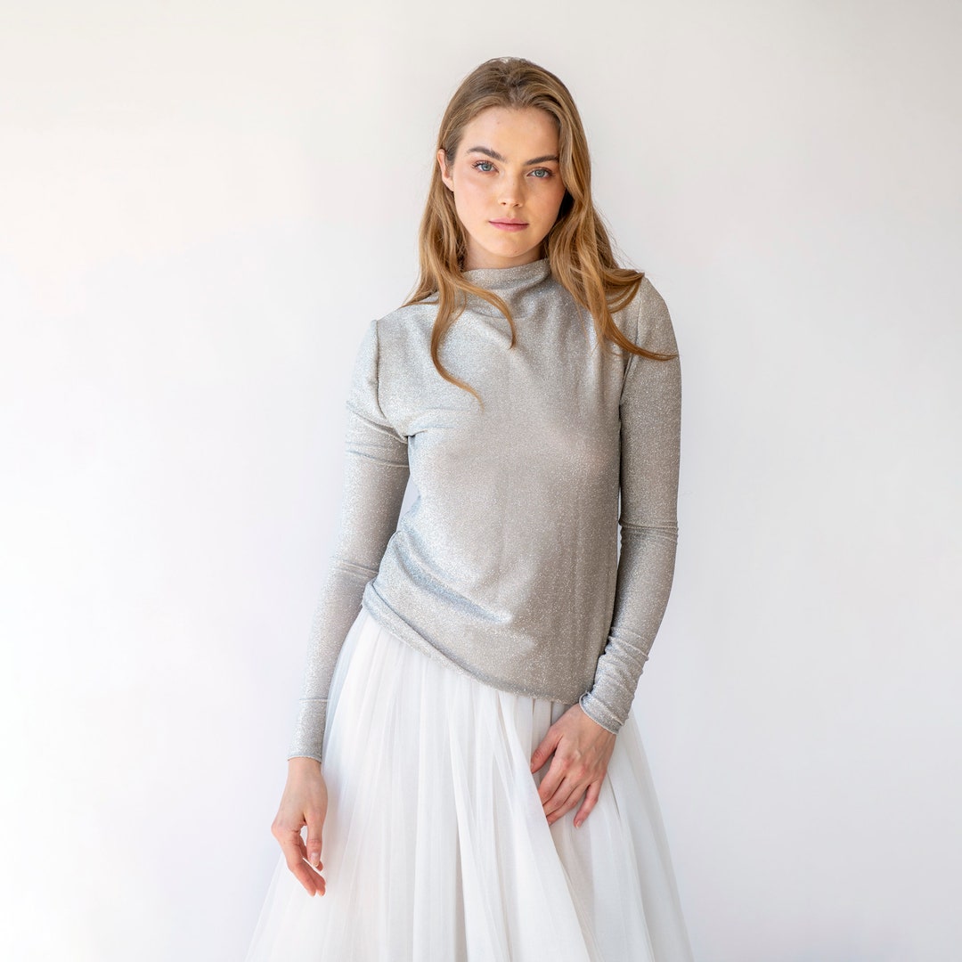 Long Sleeves Silver Shimmering Top, Party Sparkling Blouse #2065 - Etsy