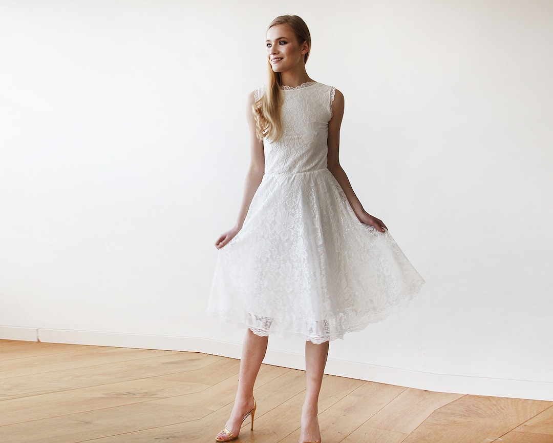 Short Wedding Dress , Open Back Lace Midi Sleeveless Ivory Dress 1143 ...