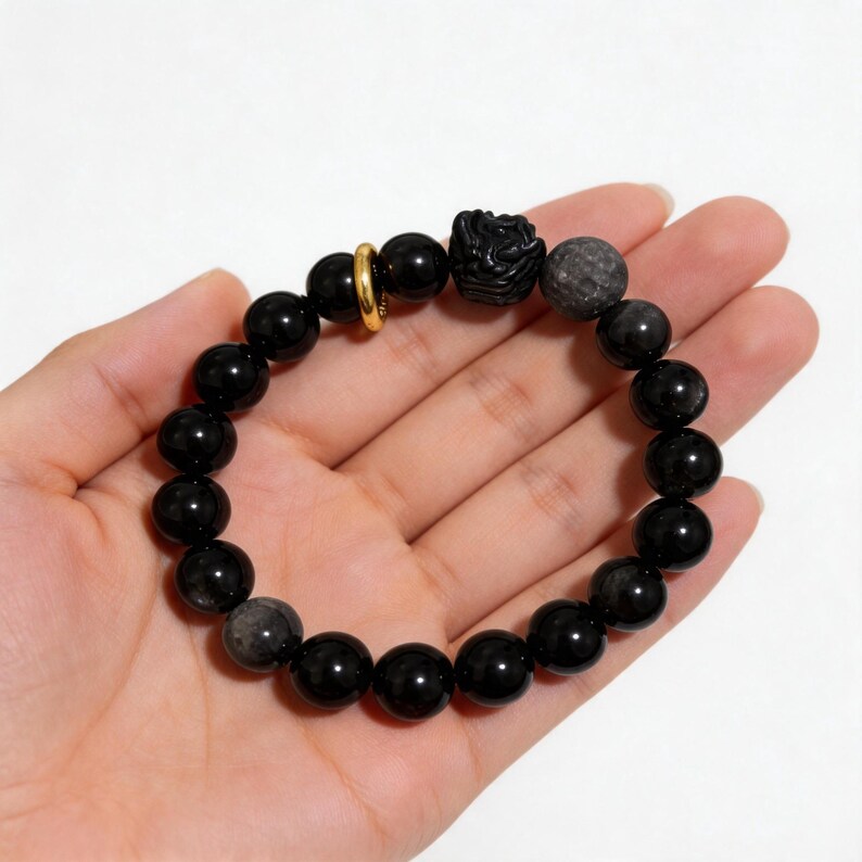 10mm Silver Sheen Obsidian Bracelet, Carved Guardian Lion Amulet, Feng ...