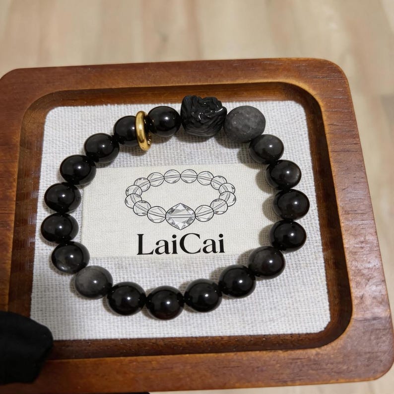 10mm Silver Sheen Obsidian Bracelet, Carved Guardian Lion Amulet, Feng ...