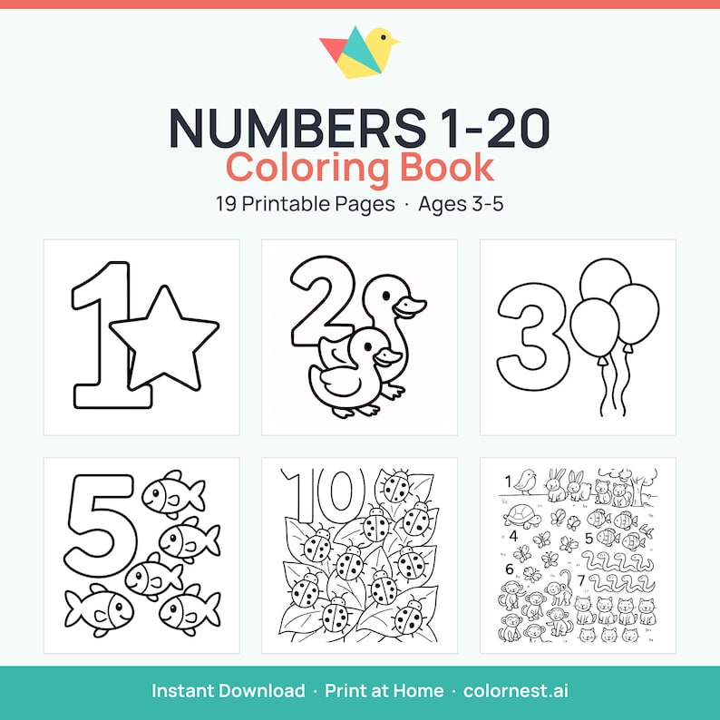 Numbers 1-20 Coloring Pages • Preschool Math Activity (19 PDF Pages) - Etsy