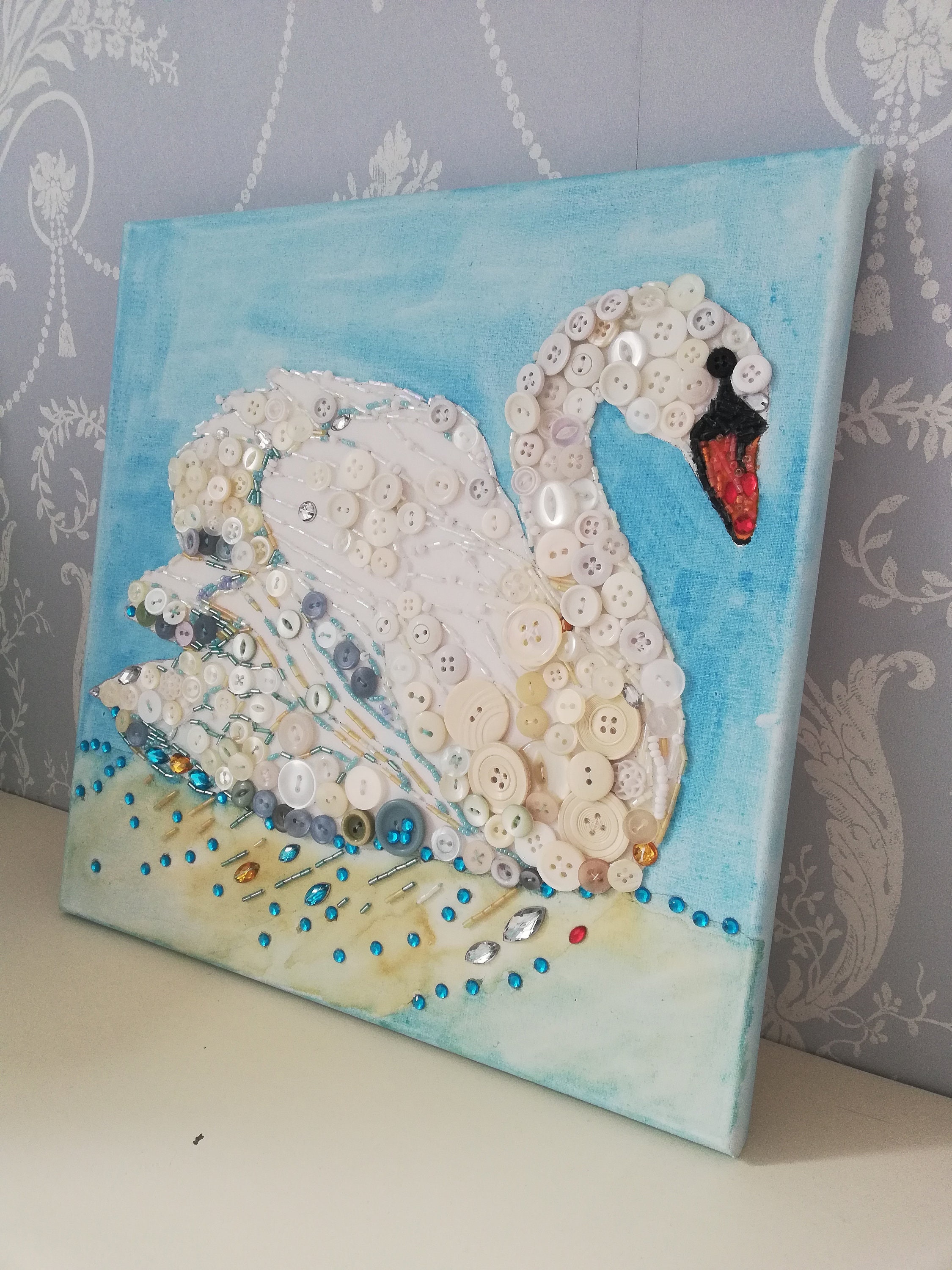 Swan Painting, Recycled Button Art,button Painting,button Swan Art,swan ...