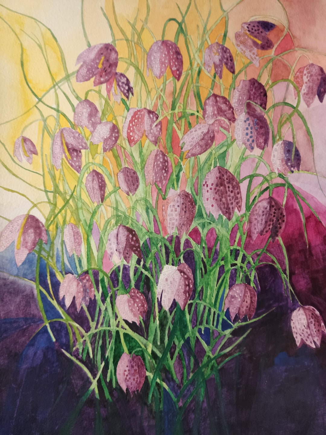 Fritillaria Watercolour Painting, Purple Pink Flowers, A3 Wall Art ...